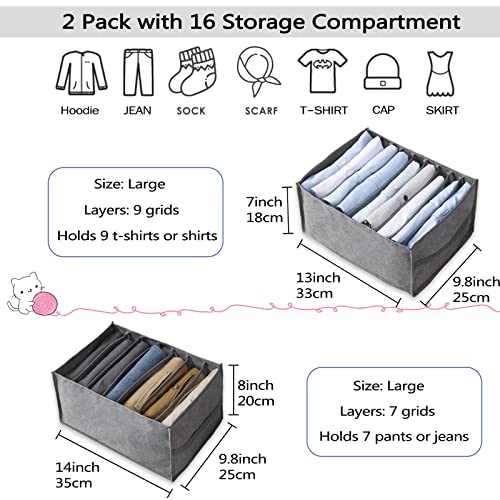 2 Pack Upgraded Jeans T-Shirts Organizer, Wardrobe Clothes Dividers Organizer, Foldable Closet Drawer Storage Box for Jeans Legging T-Shirts Sweat Pant Baby Clothes - Large, Grey