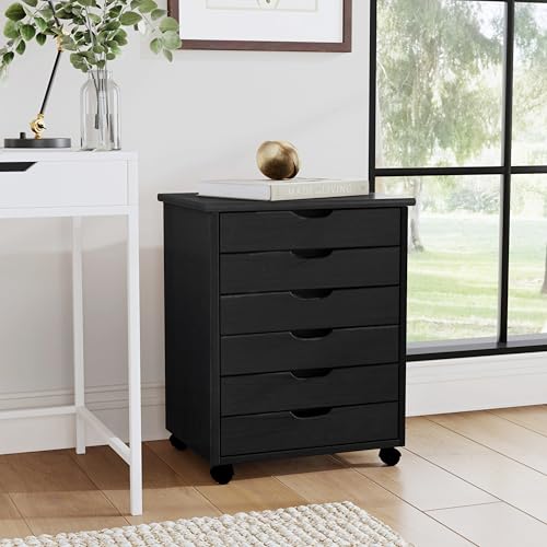 Linon Rolling Storage Corinne Cart, Six Wide Drawers, Black Wide