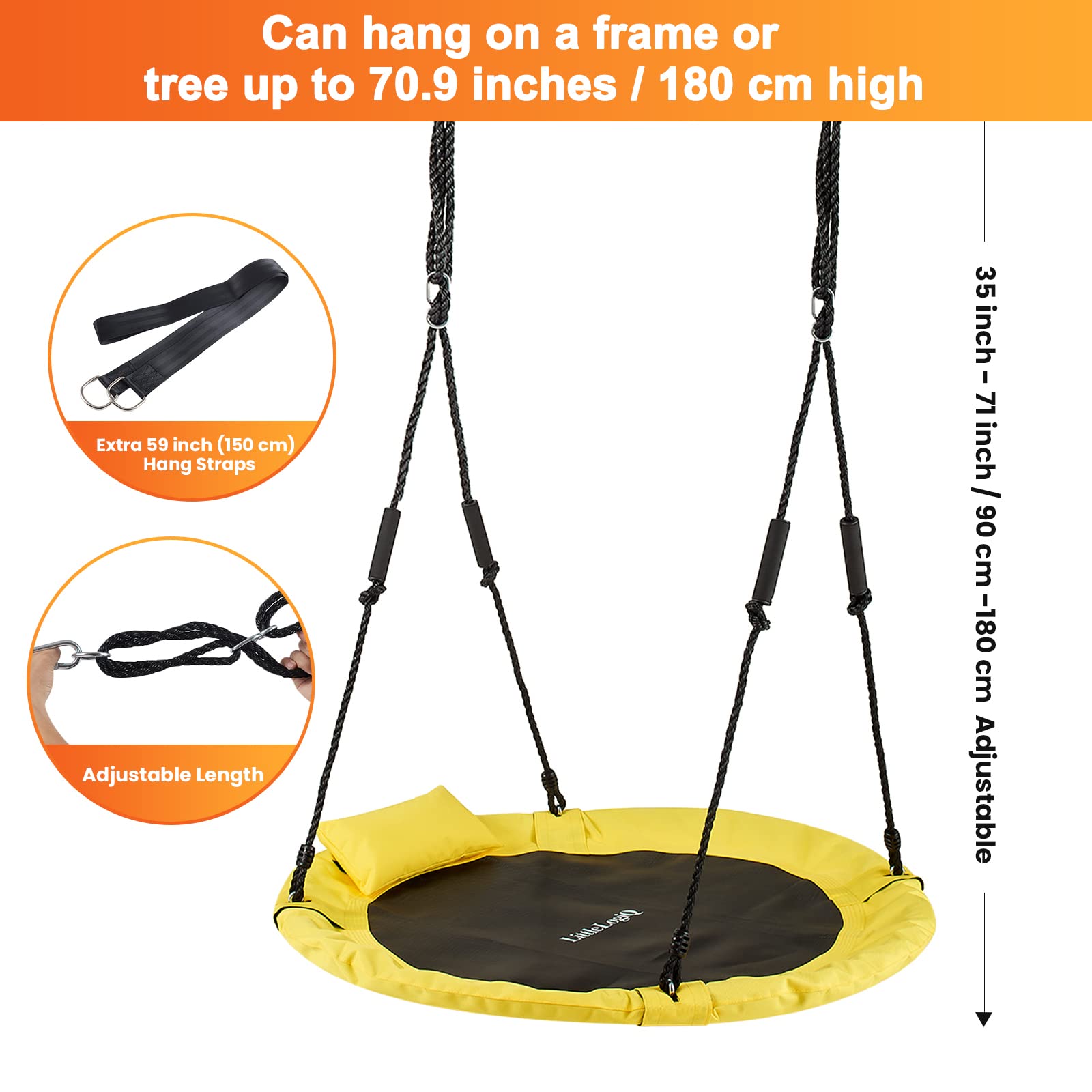 Saucer Tree Swing for Kids, LITTLELOGIQ 40 Inch Outdoor Swing Sets for Backyard, Round Flying Swing with 2 Hanging Straps, 700lb Capacity, Adjustable Ropes, Easy Setup, for Adults & Kids - Yellow