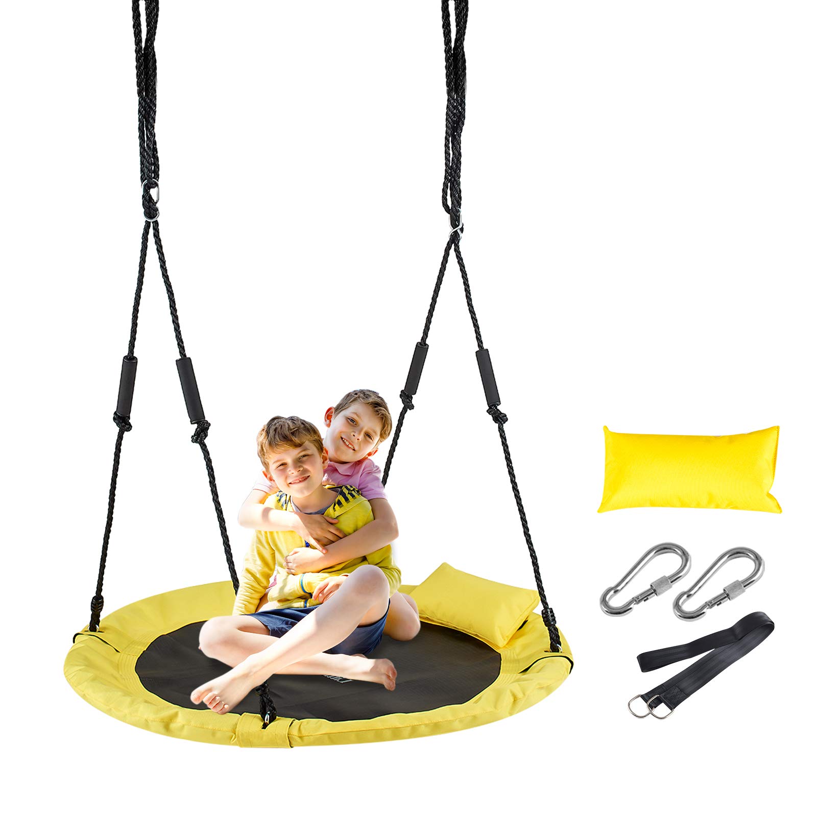 Saucer Tree Swing for Kids, LITTLELOGIQ 40 Inch Outdoor Swing Sets for Backyard, Round Flying Swing with 2 Hanging Straps, 700lb Capacity, Adjustable Ropes, Easy Setup, for Adults & Kids - Yellow