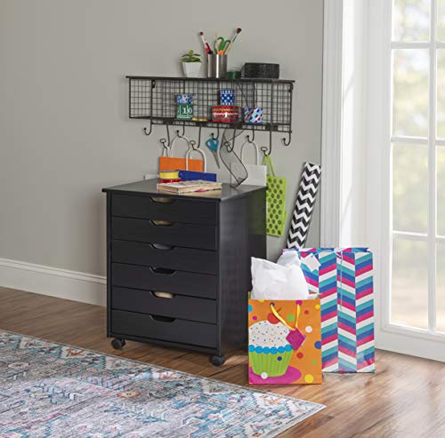 Linon Rolling Storage Corinne Cart, Six Wide Drawers, Black Wide