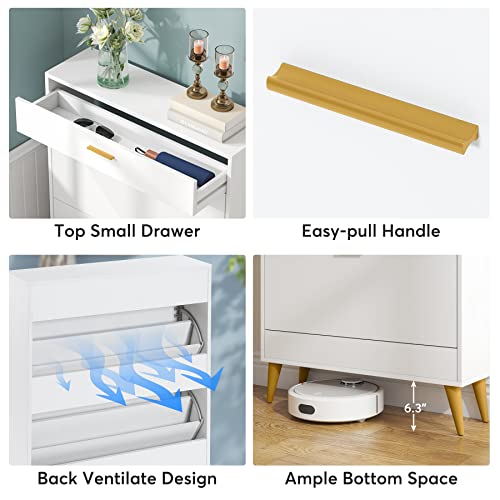 Tribesigns Shoe Cabinet, White Slim Shoe Storage Cabinet for Entryway, Modern 16 Pair Thin Shoe Rack Organizer with 2 Flip Drawers