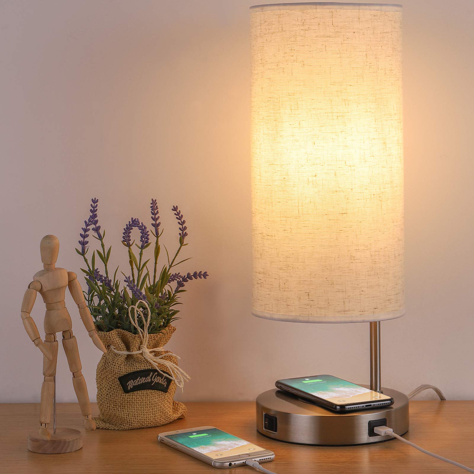 Wireless Charger Table Lamp, Bedside Lamp with USB Port and Wireless Charging Pad, Nightstand Lamp with Round Flaxen Fabric Shade for Bedroom Living Room College Dorm Office, Satin Nickel