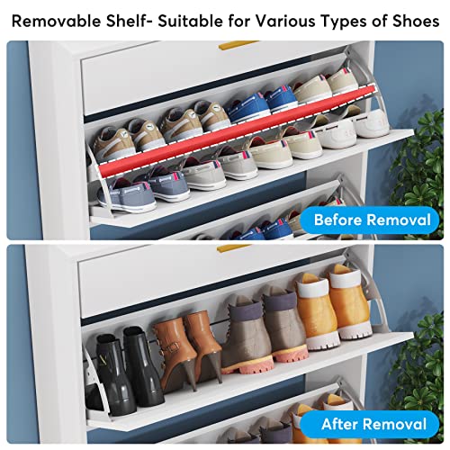Tribesigns Shoe Cabinet, White Slim Shoe Storage Cabinet for Entryway, Modern 16 Pair Thin Shoe Rack Organizer with 2 Flip Drawers