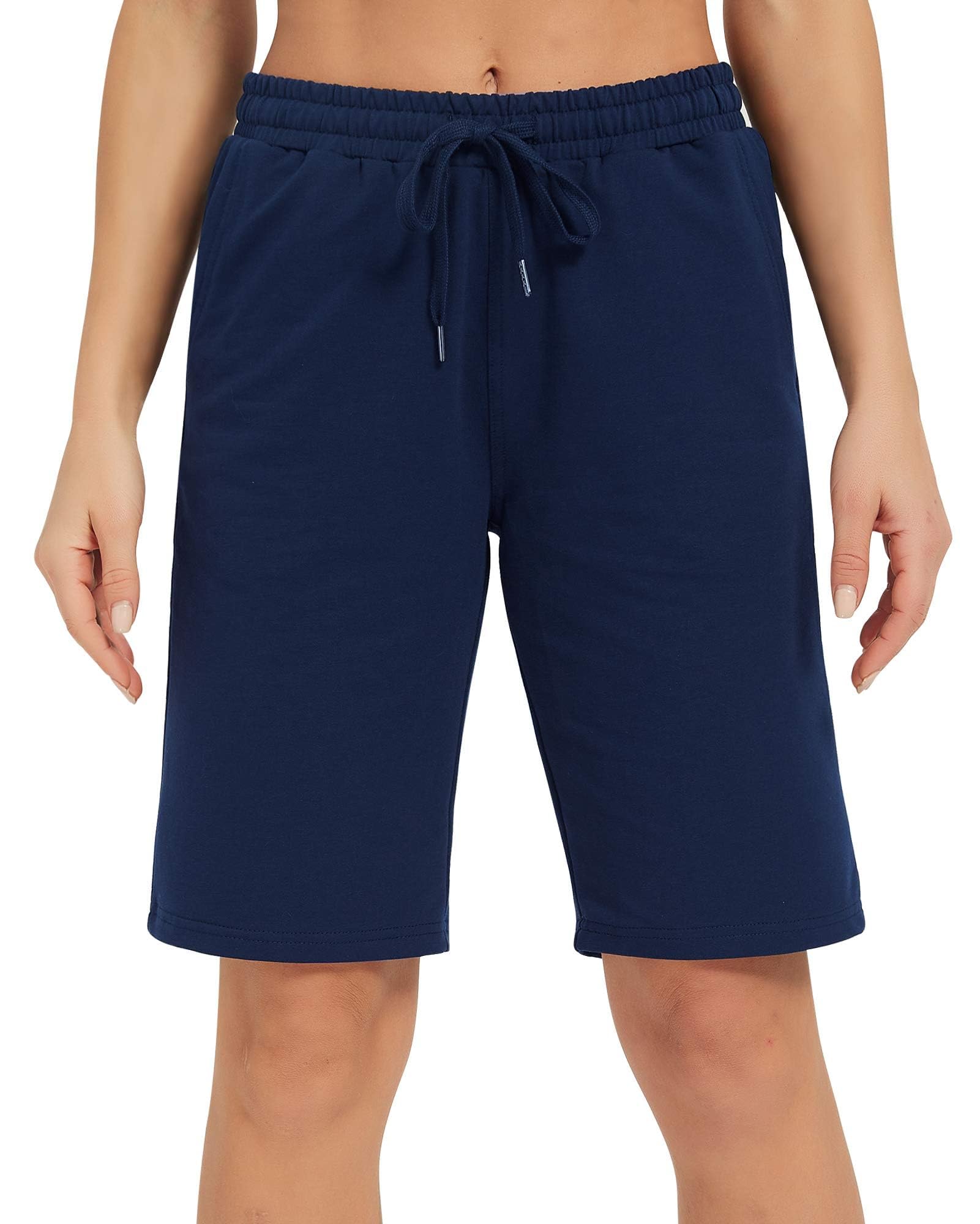 Stelle Womens Bermuda Knee Length Exercise Running Lounge Sweat Shorts with Deep Pockets (Medium, 10" Navy)