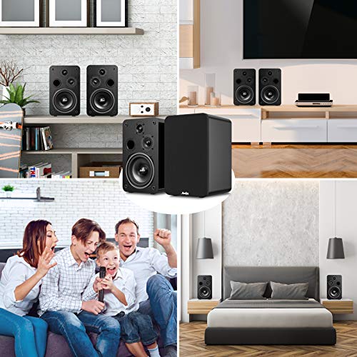 Moukey Passive Bookshelf Speakers (Pair), Peak Power 2×55W, 3-Way Home Theater Speakers, 2.0 Stereo Near Field Studio Premium Sound, Wooden Wall-Mountable, Black, M20-3
