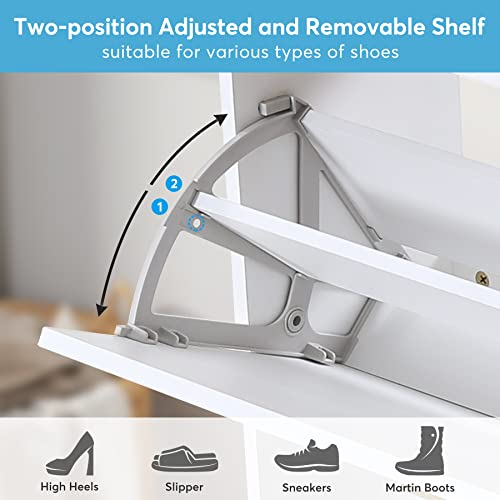 Tribesigns Shoe Cabinet, White Slim Shoe Storage Cabinet for Entryway, Modern 16 Pair Thin Shoe Rack Organizer with 2 Flip Drawers