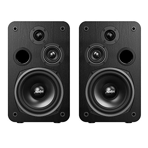Moukey Passive Bookshelf Speakers (Pair), Peak Power 2×55W, 3-Way Home Theater Speakers, 2.0 Stereo Near Field Studio Premium Sound, Wooden Wall-Mountable, Black, M20-3