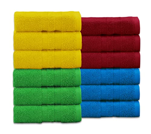 COTTON CRAFT Primary Colors Washcloth - Set of 12 Soft Absorbent 100% Cotton Facecloth - Bright Colorful Dorm Kids Baby Wash Cloth - Everyday Pool Shower Kitchen Bathroom Towel - 12 x 12 - Multi Color