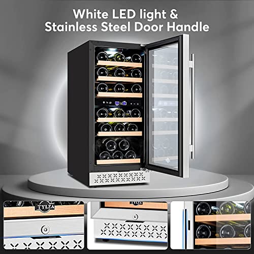 Tylza Mini Fridge 15 Inch Wine Cooler Under Counter, 30 Bottle Dual Zone Wine Fridge with Stainless Steel, Wine Refrigerator Freestanding, and Built-in Wine Cellars