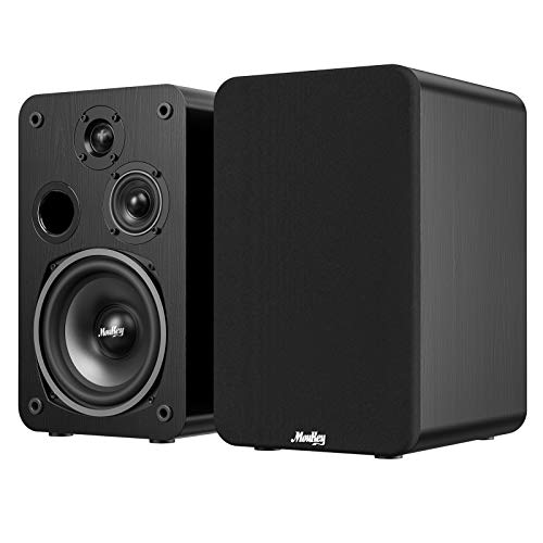 Moukey Passive Bookshelf Speakers (Pair), Peak Power 2×55W, 3-Way Home Theater Speakers, 2.0 Stereo Near Field Studio Premium Sound, Wooden Wall-Mountable, Black, M20-3