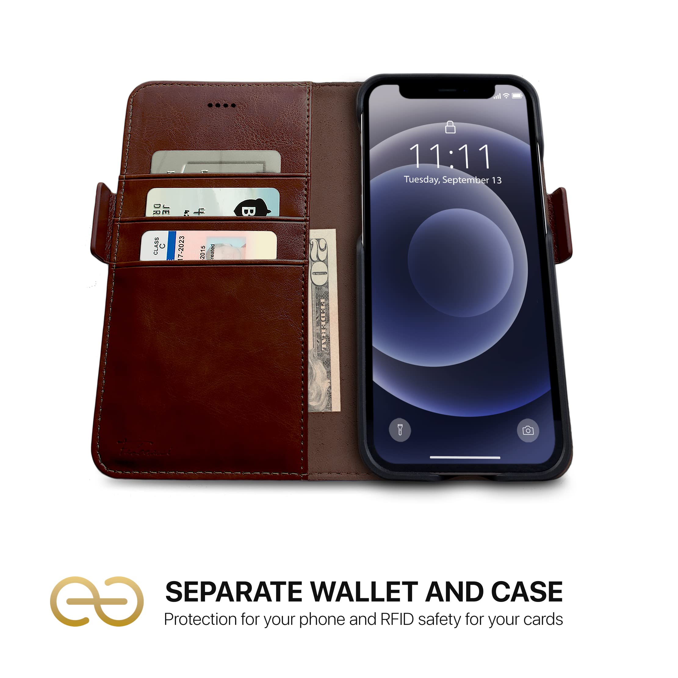 Dreem Fibonacci 2-in-1 Wallet Case for Apple iPhone 12 Pro Max - Luxury Vegan Leather, Magnetic Detachable Shockproof Phone Case, RFID Card Protection, 2-Way Flip Stand - Coffee
