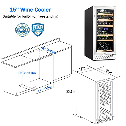 Tylza Mini Fridge 15 Inch Wine Cooler Under Counter, 30 Bottle Dual Zone Wine Fridge with Stainless Steel, Wine Refrigerator Freestanding, and Built-in Wine Cellars