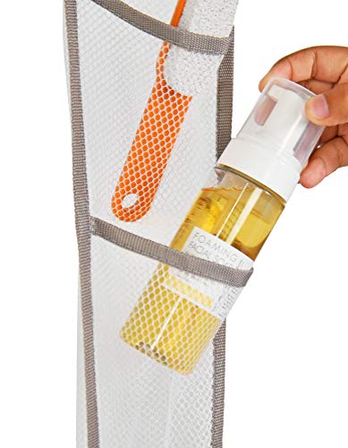 Home-X Hanging Mesh Organizer with Six Pockets, Shower Caddy with Hook and Loop Hanger for Shower Rod, 58" L x 7" W, White/Gray