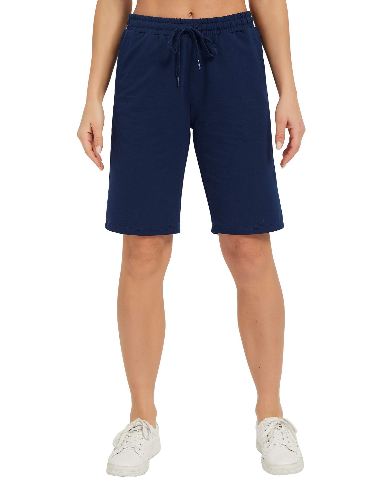 Stelle Womens Bermuda Knee Length Exercise Running Lounge Sweat Shorts with Deep Pockets (Medium, 10" Navy)