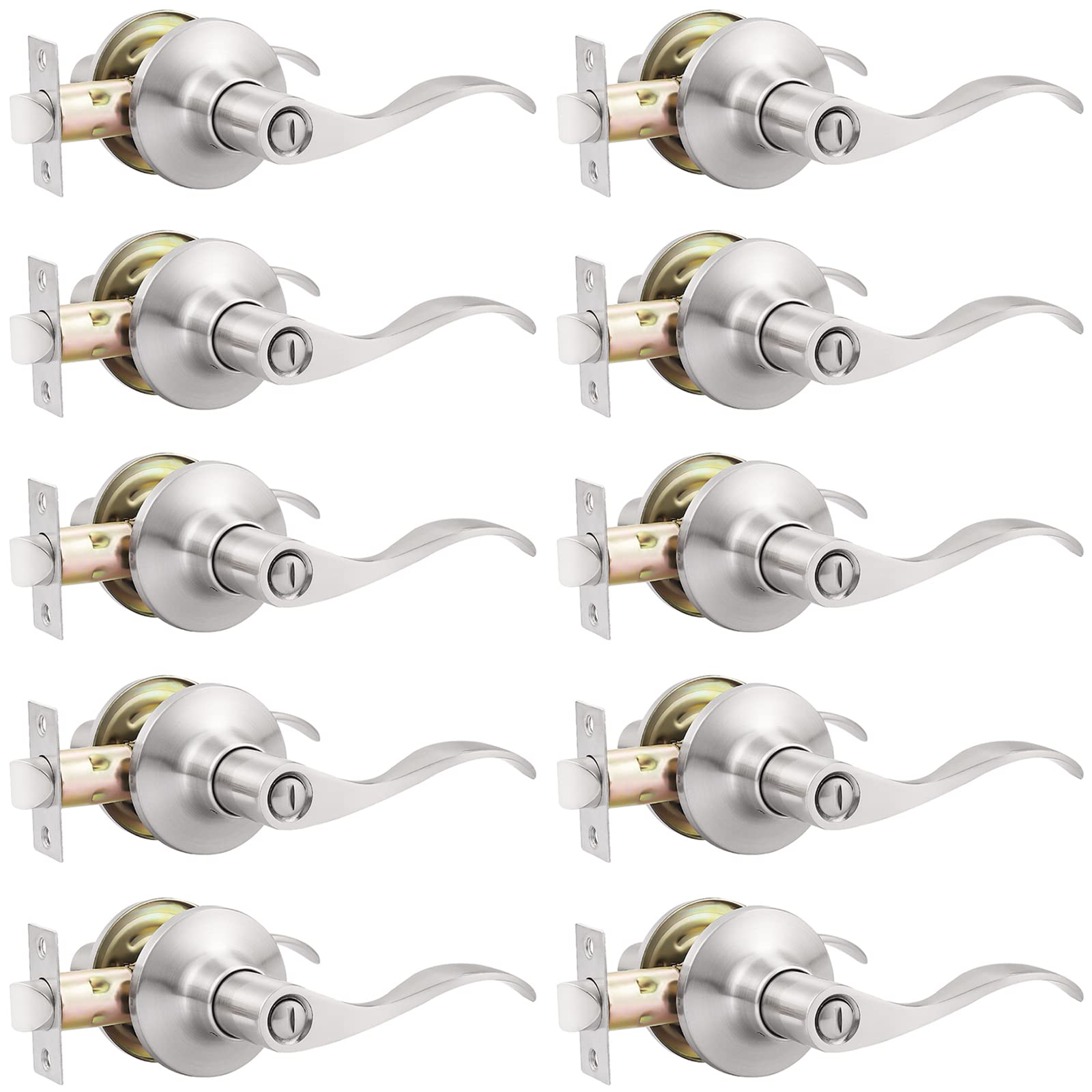 GOBEKOR 10 Pack Privacy Door Levers Bedroom Door Handle with Lock Satin Nickel Interior Door Handles Keyless Door Lock Wave Bed/Bath Lever