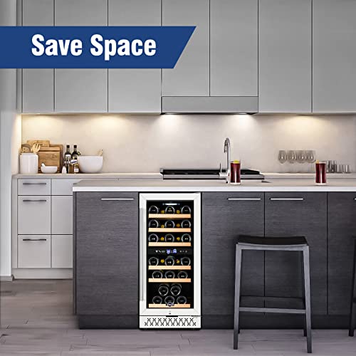 Tylza Mini Fridge 15 Inch Wine Cooler Under Counter, 30 Bottle Dual Zone Wine Fridge with Stainless Steel, Wine Refrigerator Freestanding, and Built-in Wine Cellars