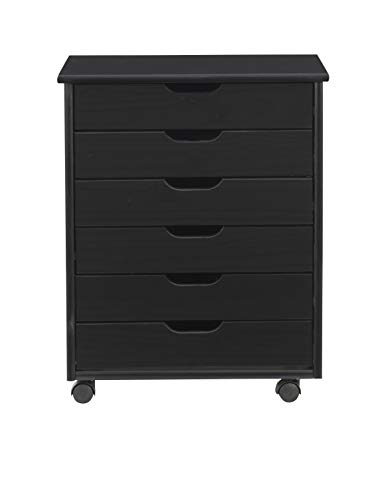 Linon Rolling Storage Corinne Cart, Six Wide Drawers, Black Wide