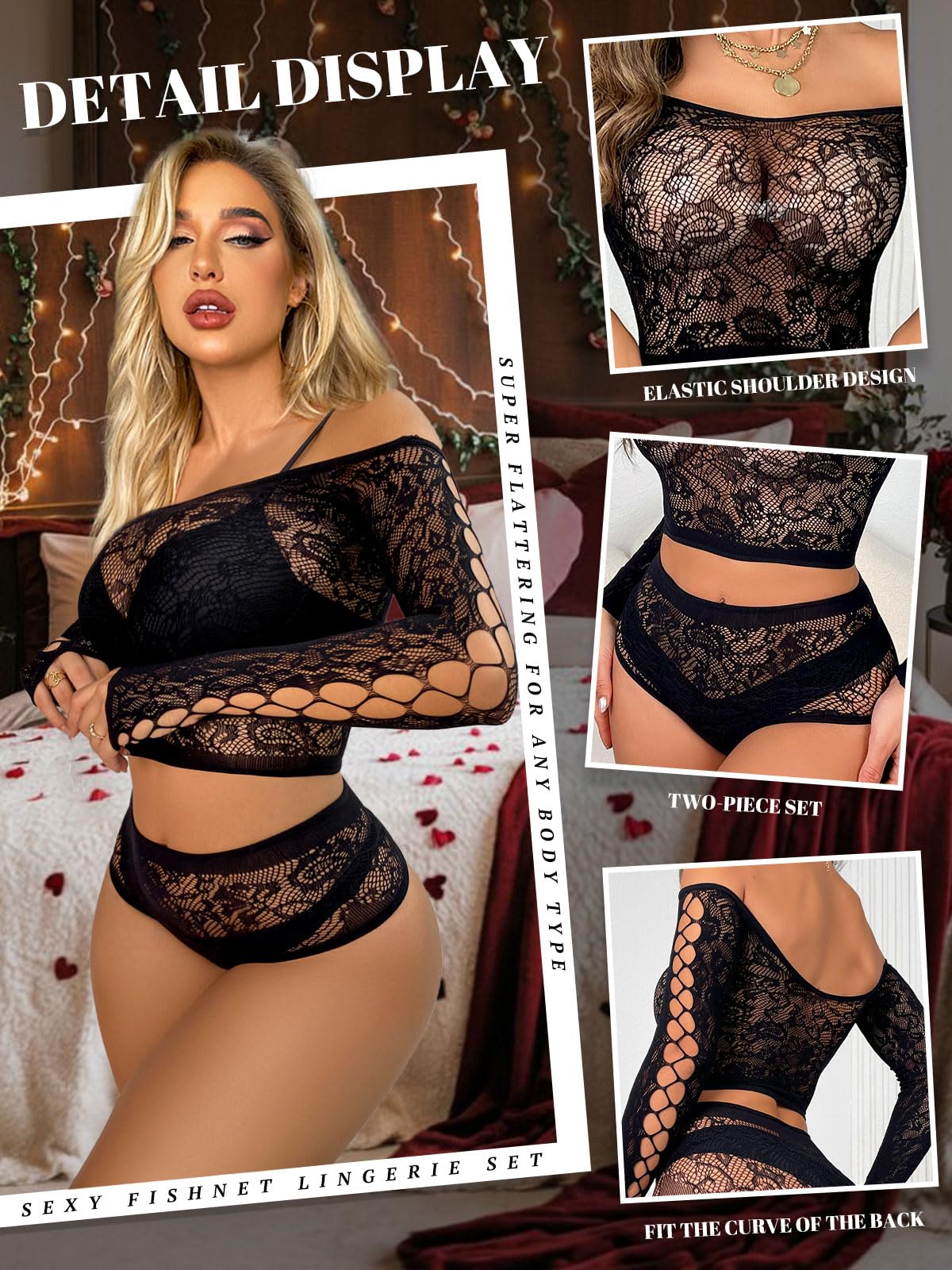 Buitifo Womens Lingerie Set Fishnet BabyDoll Bodysuit Two Piece Nightwear (Black,M)
