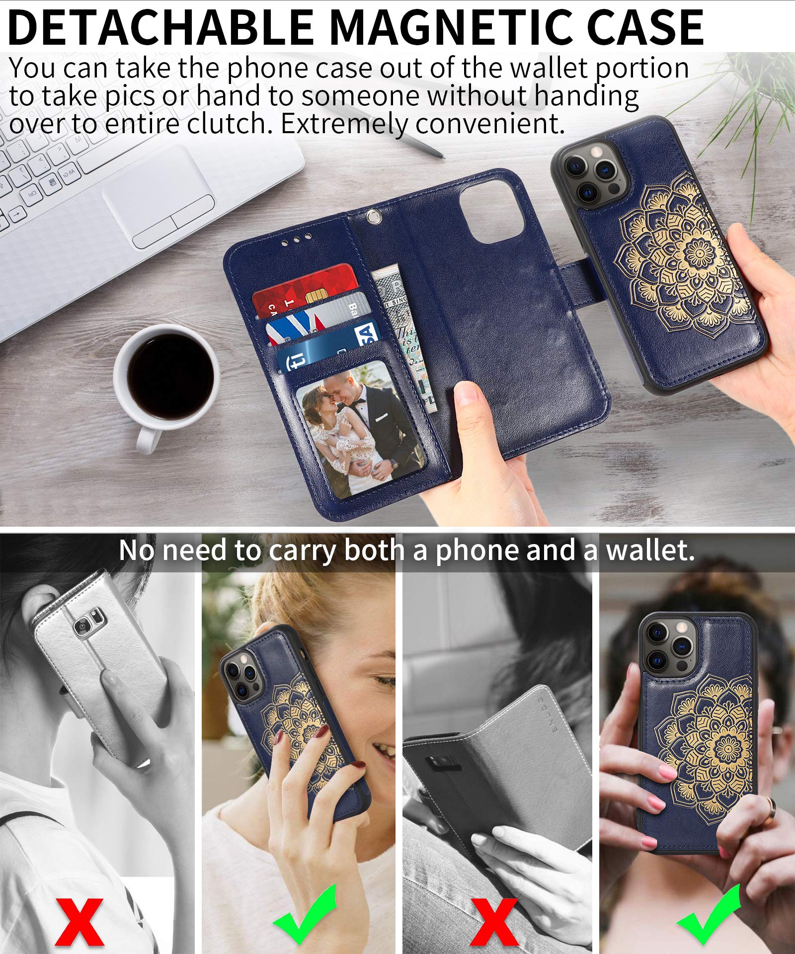 CASEOWL iPhone 12 Pro Max Case Wallet Magnetic Detachable [Support Magnetic Car Mount] with Card Holder,Hand Strap,Embossed Mandala Pattern Leather Lanyard Wallet Case[Navy Blue]