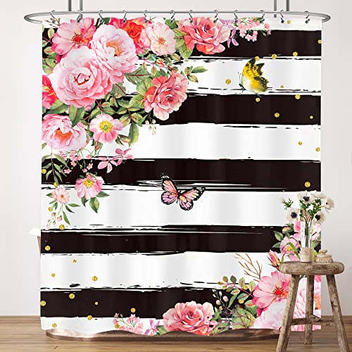 LIGHTINHOME Rose Shower Curtain 60Wx72H Inches Romantic Flowers Colorful Butterfly Floral Vintage Retro Black and White Stripe Cloth Fabric Waterproof Polyester Bathroom Home Decor Set with Hooks