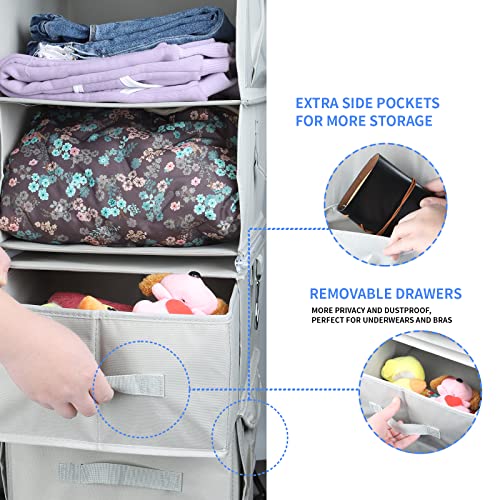 YTYBMW 6 Shelves - Hanging Closet Organizer with 3 Drawers and 4 Side Pockets for Hanging Closet Shelf Storage, Foldable Closet Organizer (Gray)