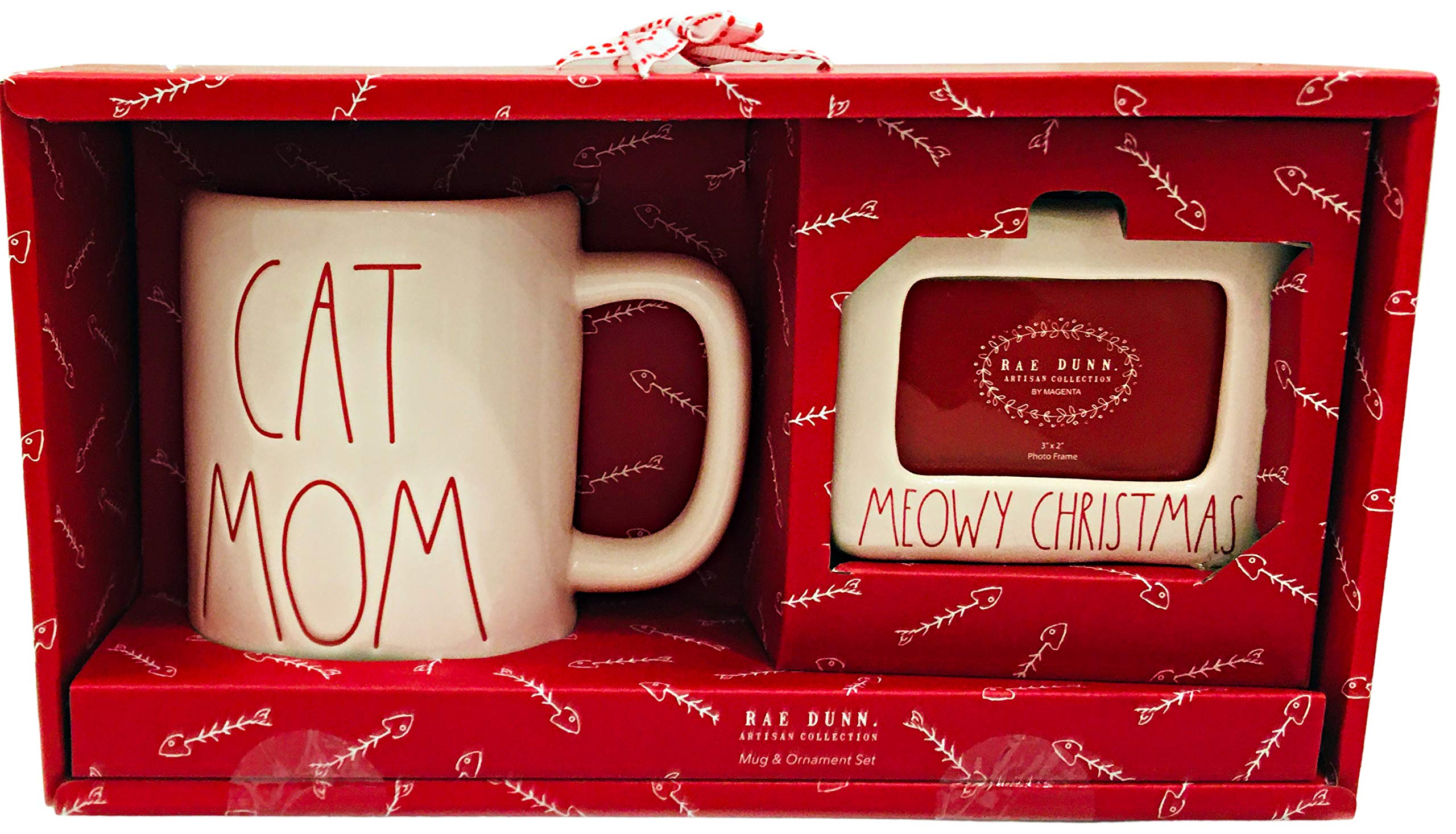 Rae Dunn CAT MOM Mug + MEOWY CHRISTMAS Christmas Themed Mug & Christmas Tree Mini Photo Frame Ornament Set of 2