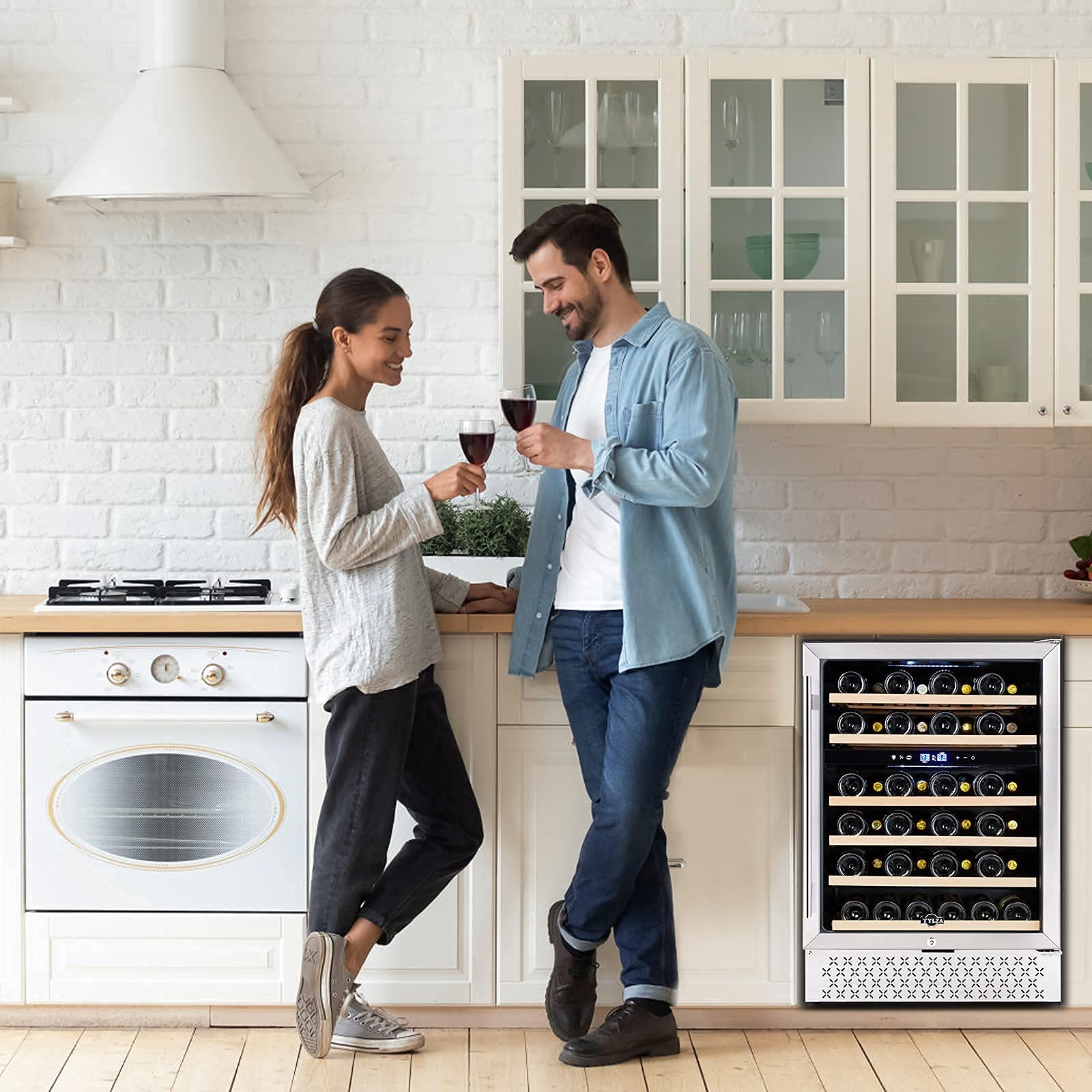 Tylza 24 Inch Wine Cooler Refrigerator 46 Bottle Dual Zone Built-in or Freestanding 24'' Wine Fridge with Stainless Steel & Professional Compressor and Temperature Memory Function