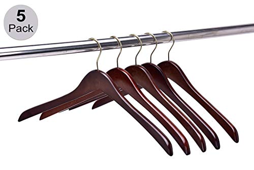 Quality Wooden Curved Coat Hangers, Suit Hangers, Smooth Solid Wood Pants Hangers, Swivel Hook, Coat, Jacket, (Walnut - Gold Hook, 5)