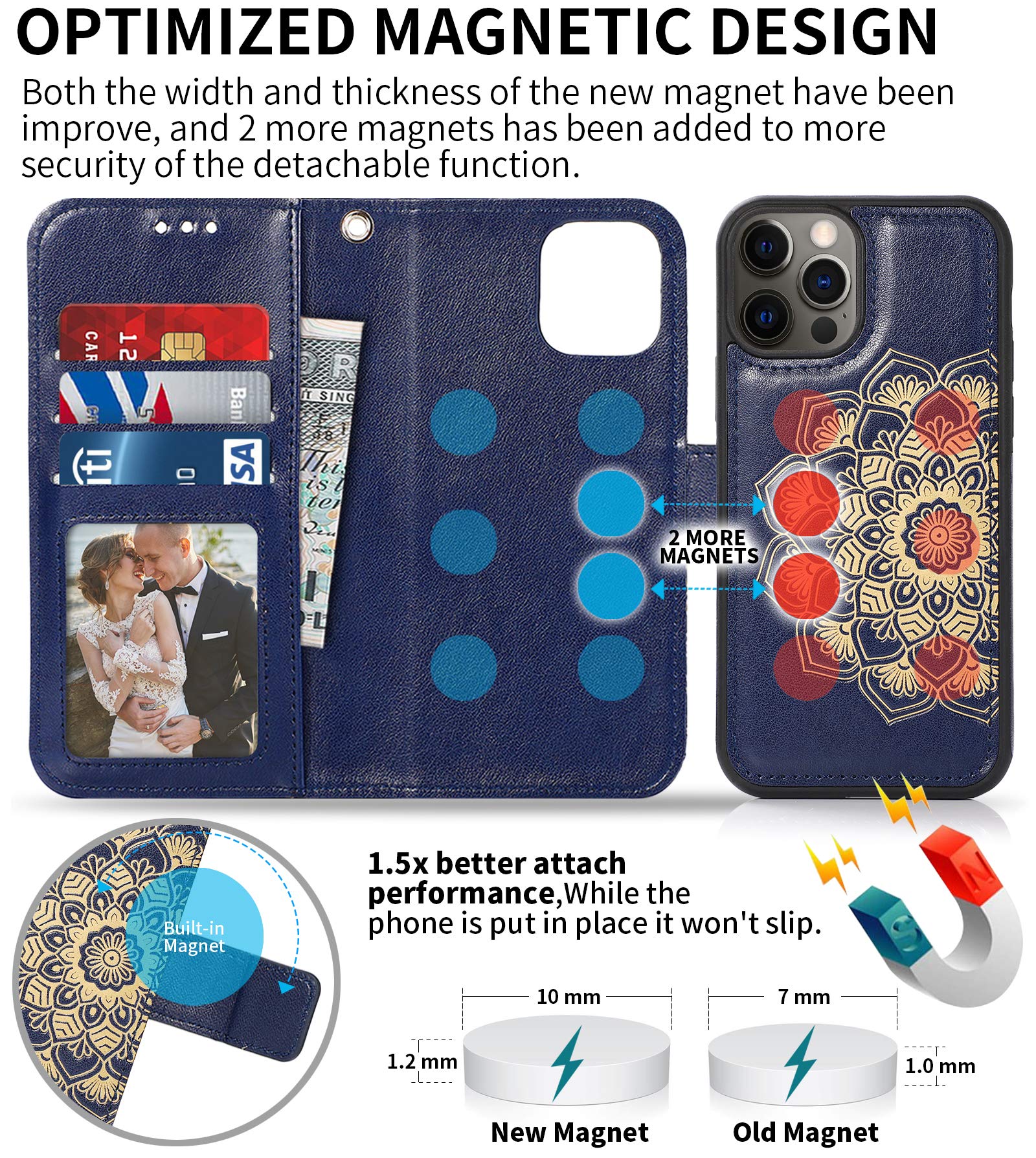 CASEOWL iPhone 12 Pro Max Case Wallet Magnetic Detachable [Support Magnetic Car Mount] with Card Holder,Hand Strap,Embossed Mandala Pattern Leather Lanyard Wallet Case[Navy Blue]