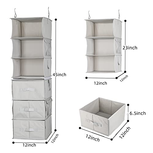 YTYBMW 6 Shelves - Hanging Closet Organizer with 3 Drawers and 4 Side Pockets for Hanging Closet Shelf Storage, Foldable Closet Organizer (Gray)
