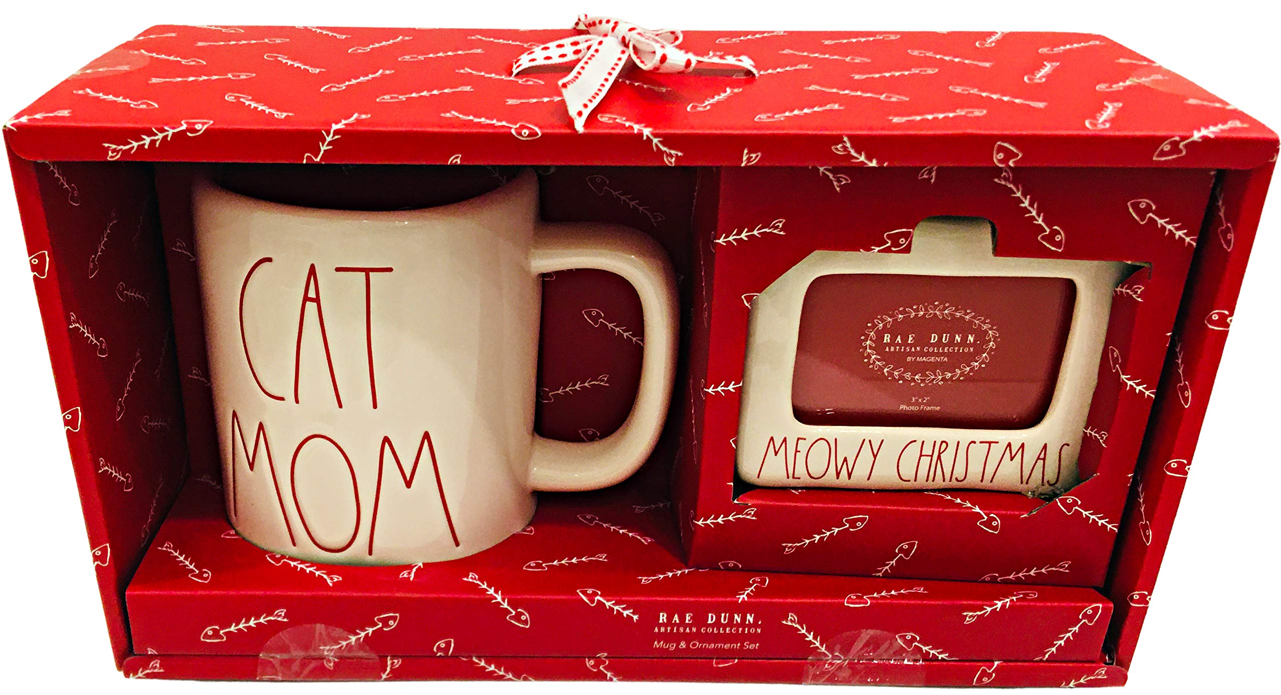 Rae Dunn CAT MOM Mug + MEOWY CHRISTMAS Christmas Themed Mug & Christmas Tree Mini Photo Frame Ornament Set of 2