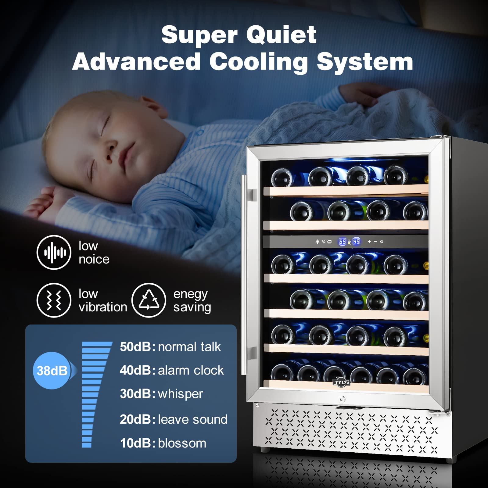 Tylza 24 Inch Wine Cooler Refrigerator 46 Bottle Dual Zone Built-in or Freestanding 24'' Wine Fridge with Stainless Steel & Professional Compressor and Temperature Memory Function