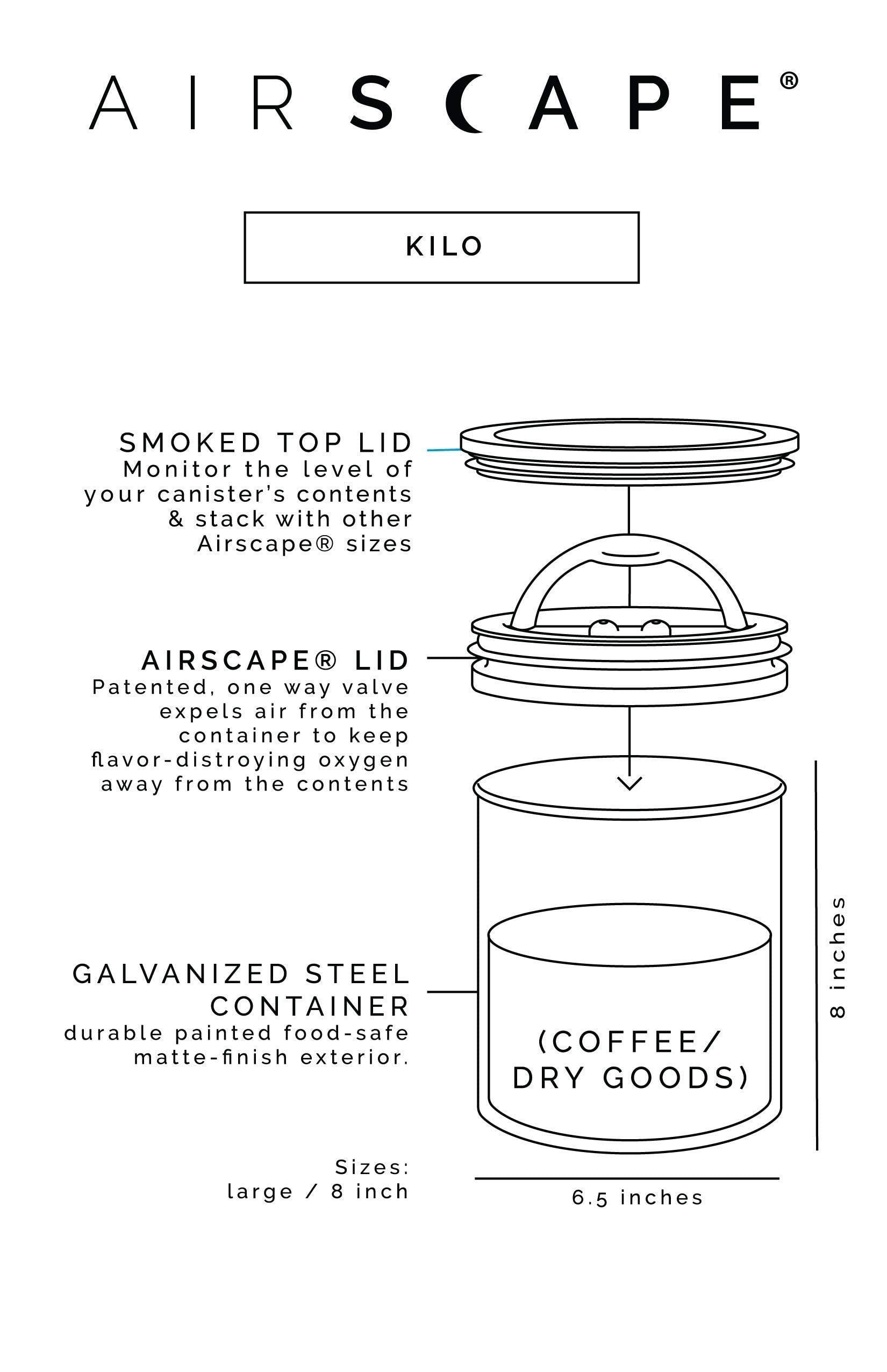 Airscape Kilo Coffee Storage Canister & Scoop Bundle - Large Food Container - Patented Airtight Lid 2-Way Valve Preserve Food Freshness, 2.2 lb Dry Beans (Large Kilo, Matte Gray & Brushed Steel Scoop)