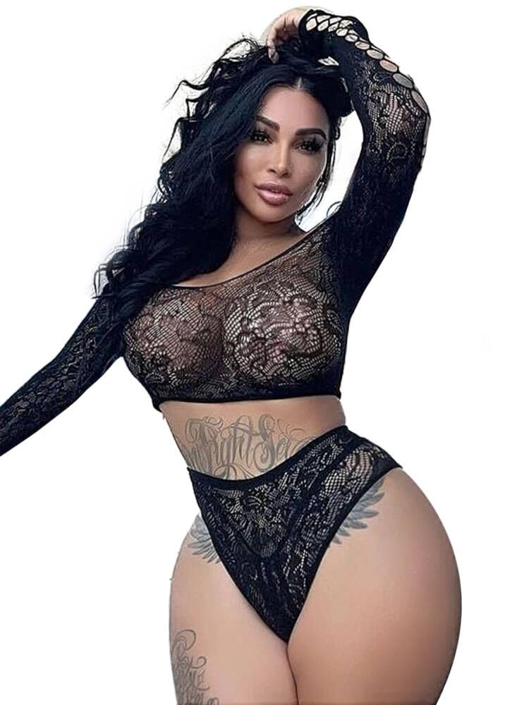 Buitifo Womens Lingerie Set Fishnet BabyDoll Bodysuit Two Piece Nightwear (Black,M)