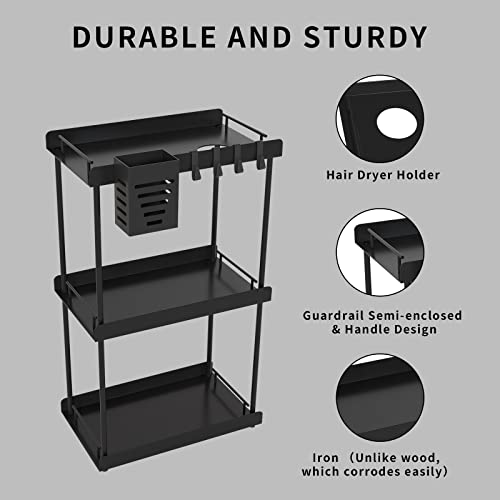 Bathroom Organizer Countertop- 3 Tier Iron Bathroom Organizer with Hair Dryer Holder, Detachable Cups and Hooks- Bathroom Sink Organizer Countertop Storage for Bathroom, Kitchen, Bedroom, Living Room(Black)