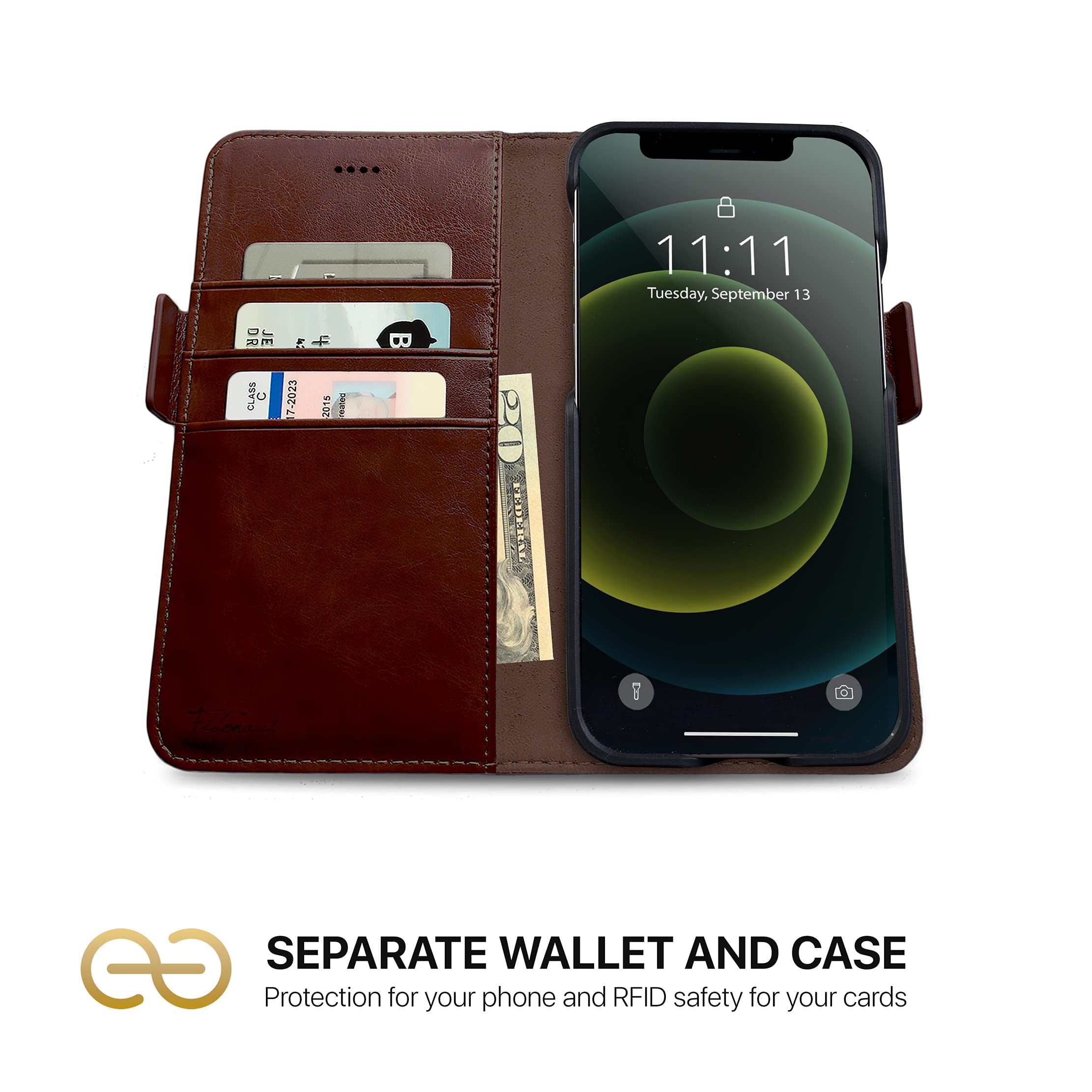 Dreem Fibonacci 2-in-1 Wallet Case for Apple iPhone 12 Mini - Luxury Vegan Leather, Magnetic Detachable Shockproof Phone Case, RFID Card Protection, 2-Way Flip Stand - Coffee