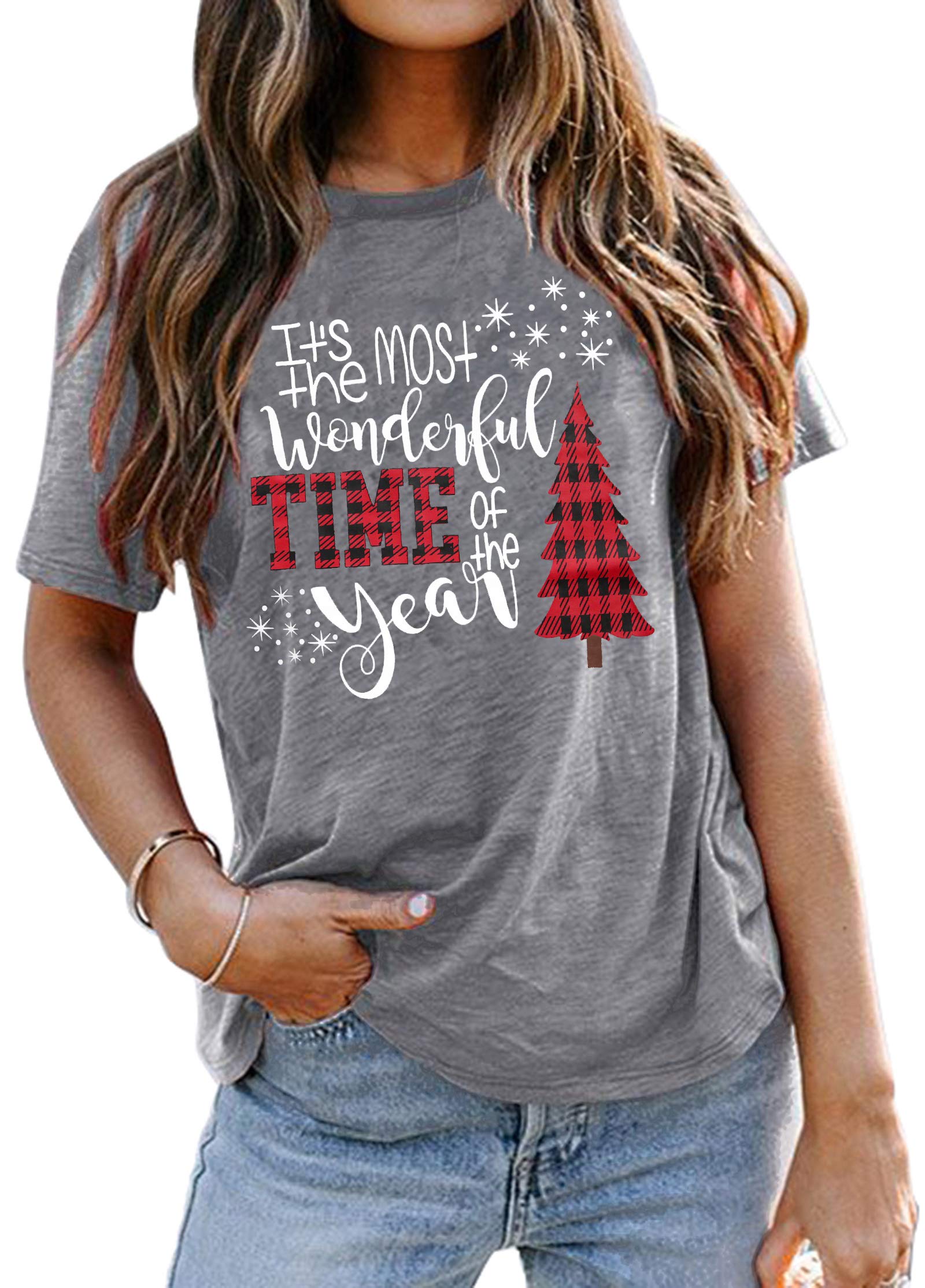 Merry Christmas Shirts for Women Xmas Buffalo Plaid Tree Shirt Top Short Sleeve Casual Graphic Print T Shirt Grey