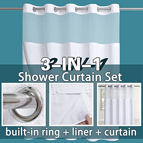 Hotel Grade Fabric Shower Curtain Set with Snap in Liner for Bathroom with See Through Top Window, Waffle Weave Shower Curtain, White, Machine Washable (Waffle-White,71W x 74H)