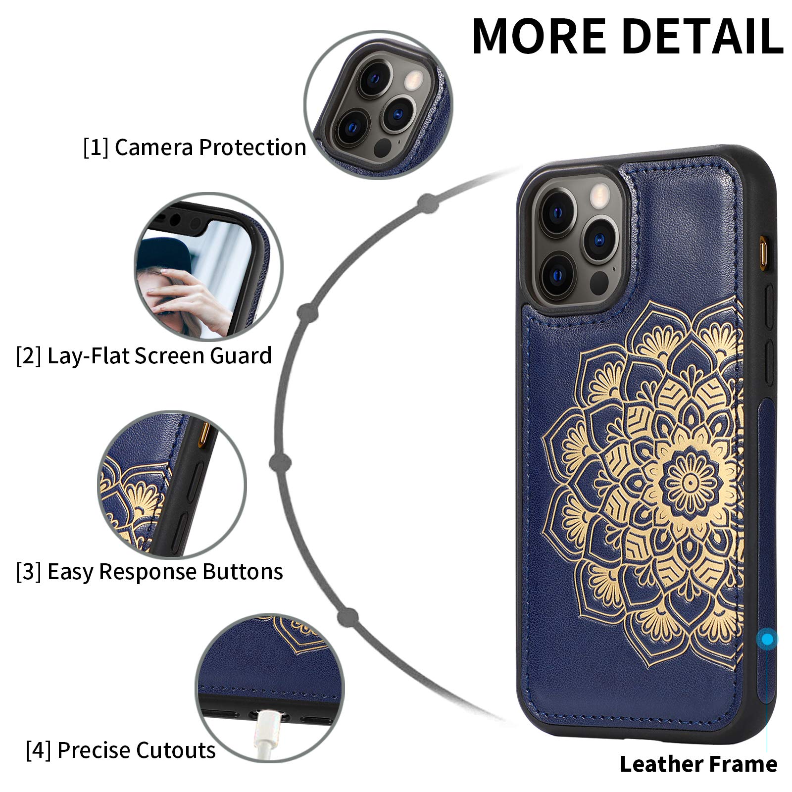 CASEOWL iPhone 12 Pro Max Case Wallet Magnetic Detachable [Support Magnetic Car Mount] with Card Holder,Hand Strap,Embossed Mandala Pattern Leather Lanyard Wallet Case[Navy Blue]