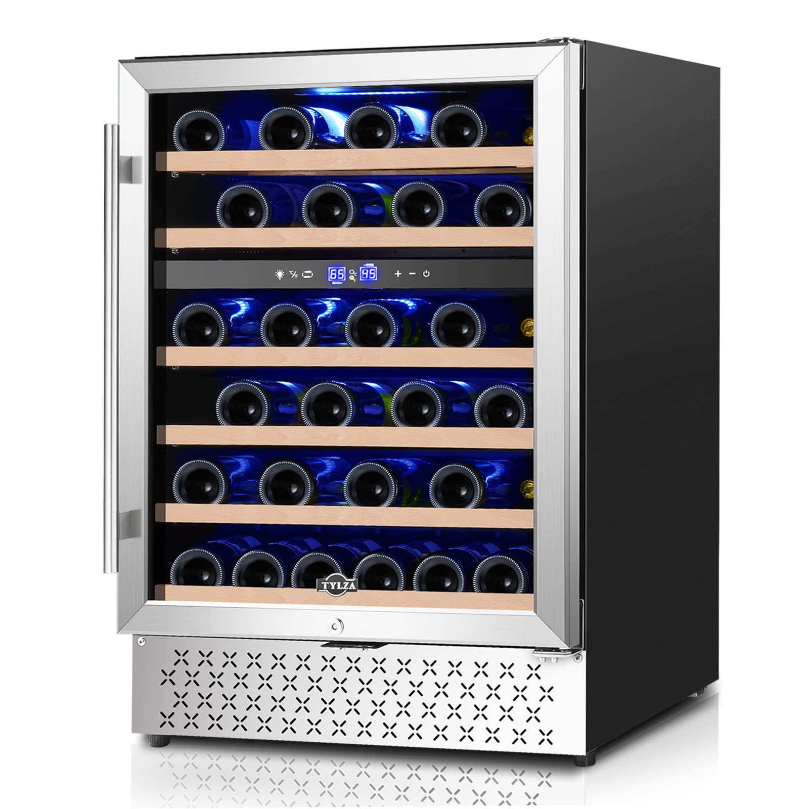 Tylza 24 Inch Wine Cooler Refrigerator 46 Bottle Dual Zone Built-in or Freestanding 24'' Wine Fridge with Stainless Steel & Professional Compressor and Temperature Memory Function