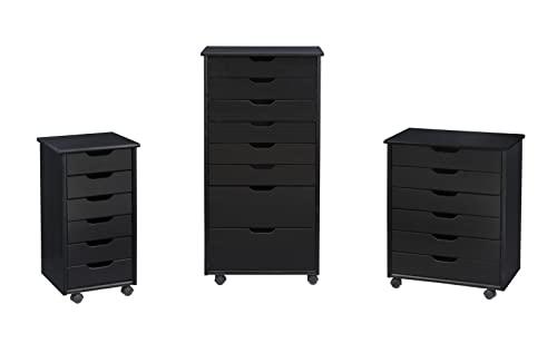 Linon Rolling Storage Corinne Cart, Six Wide Drawers, Black Wide