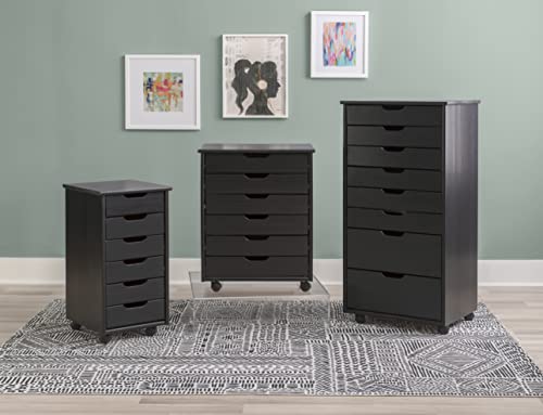 Linon Rolling Storage Corinne Cart, Six Wide Drawers, Black Wide