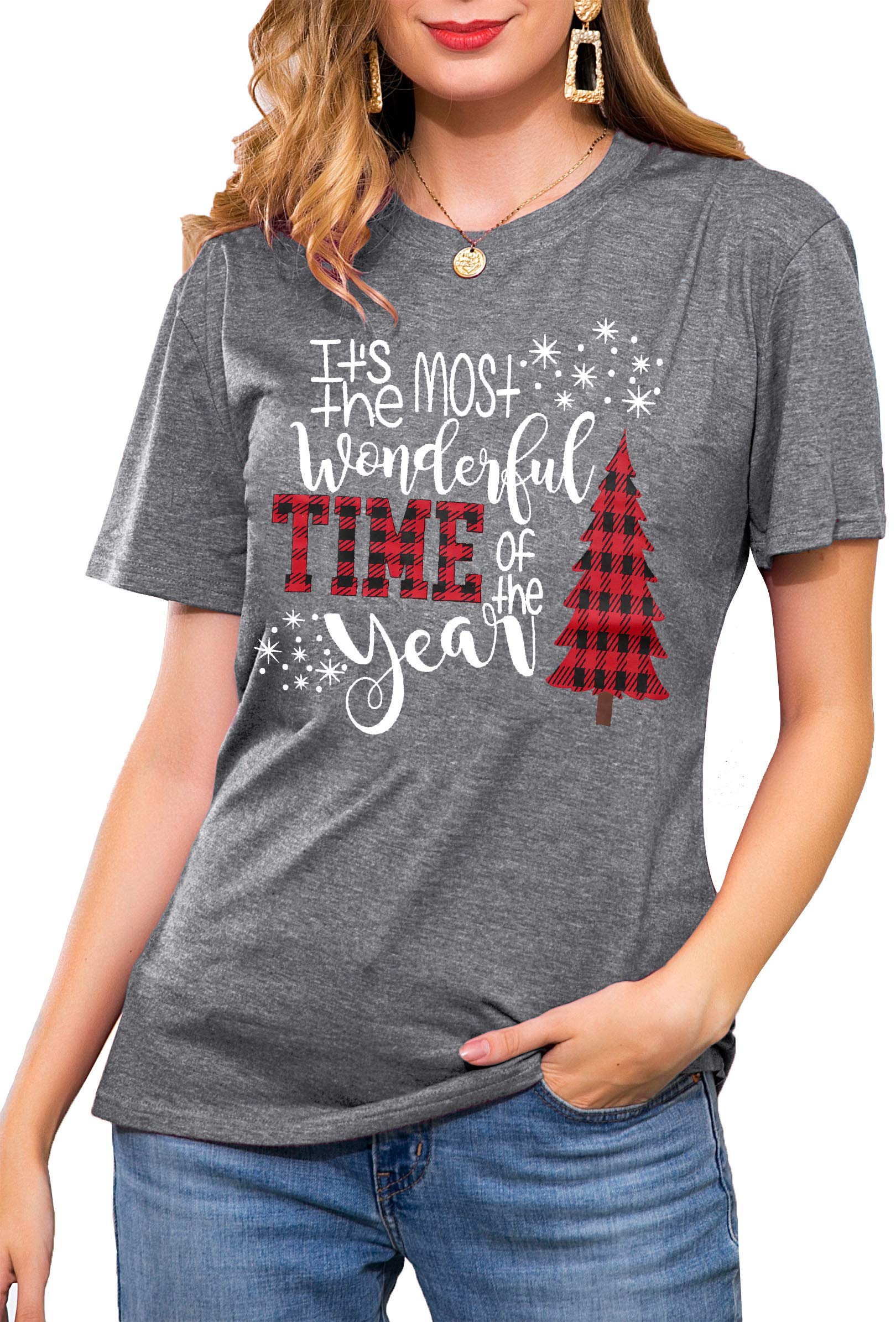 Merry Christmas Shirts for Women Xmas Buffalo Plaid Tree Shirt Top Short Sleeve Casual Graphic Print T Shirt Grey