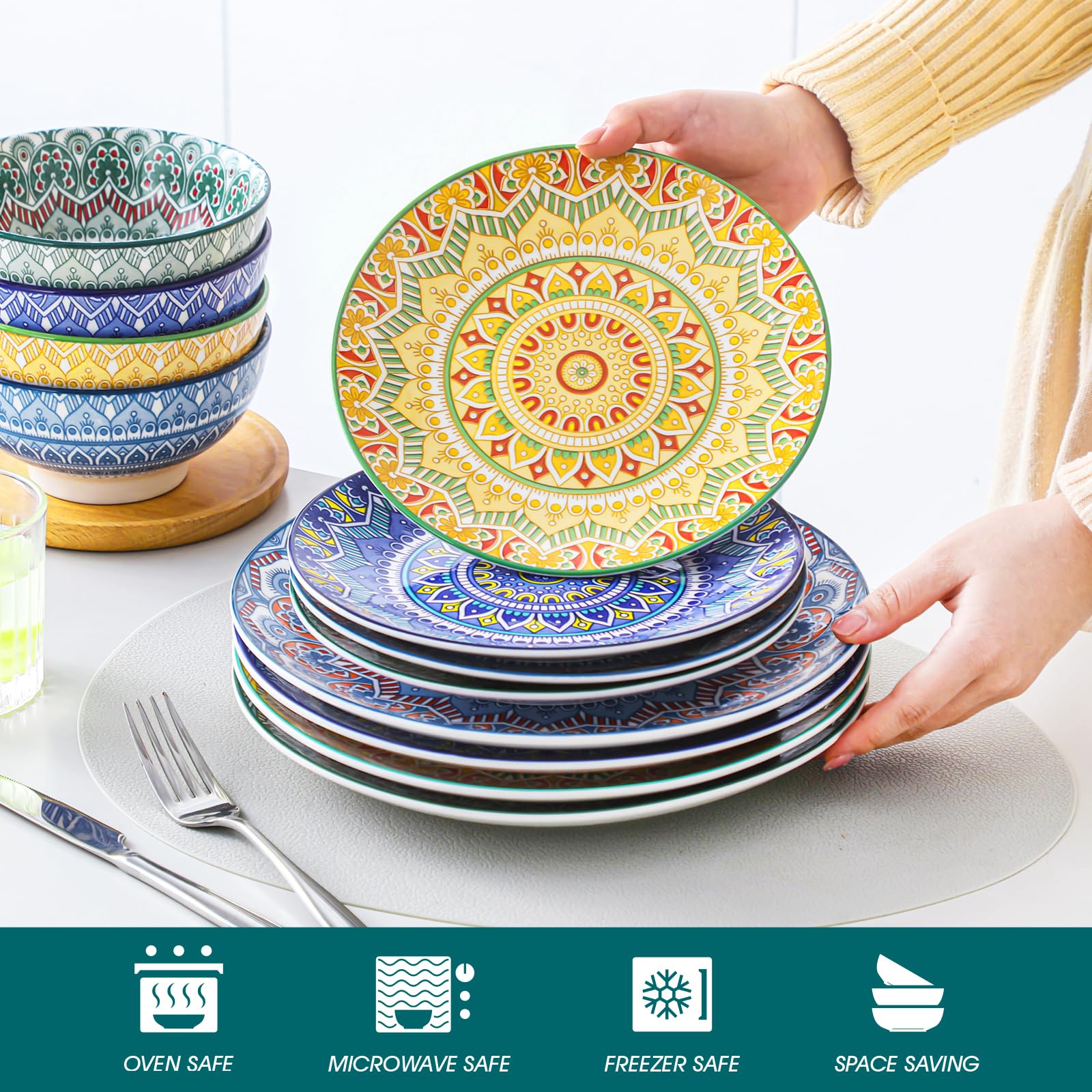 vancasso Mandala Dinnerware Sets 16 Pieces Porcelain Dinner Set for 4 Boho Plates and Bowls Dish Set with 10.5in Dinner Plates, 8in Dessert Plates, 6in Bowls and 13oz Mugs