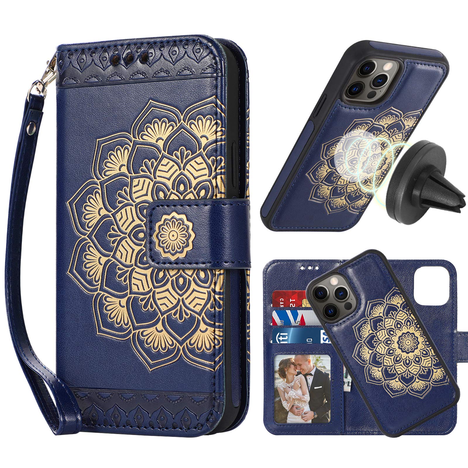 CASEOWL iPhone 12 Pro Max Case Wallet Magnetic Detachable [Support Magnetic Car Mount] with Card Holder,Hand Strap,Embossed Mandala Pattern Leather Lanyard Wallet Case[Navy Blue]
