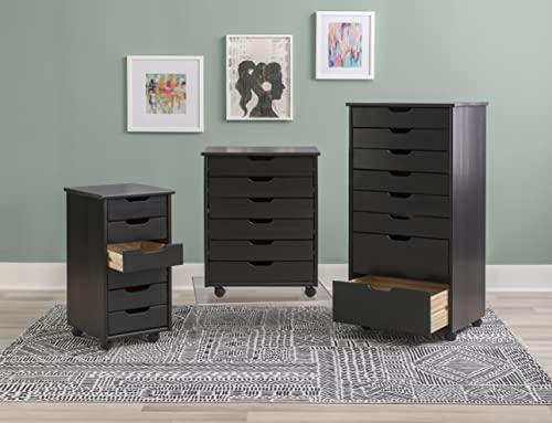 Linon Rolling Storage Corinne Cart, Six Wide Drawers, Black Wide