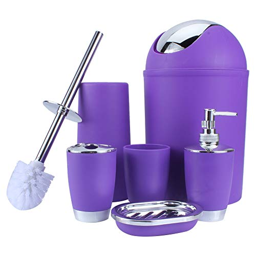 Zerone Bathroom Accessories Sets,6 Piece Bath Toilet Brush Accessories Set Luxury Bath Accessory Gift, Soap Bar Holder,Trash Can,Toilet Brush Set (Purple 6)