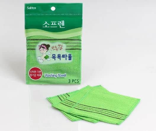 Sofrien Korean Exfoliating Towel Washcloth Mitts, Korean Itaaly Shower and Bath Towel (6.29 x 5.3 Inch) (Green, 3P) Made in Korea