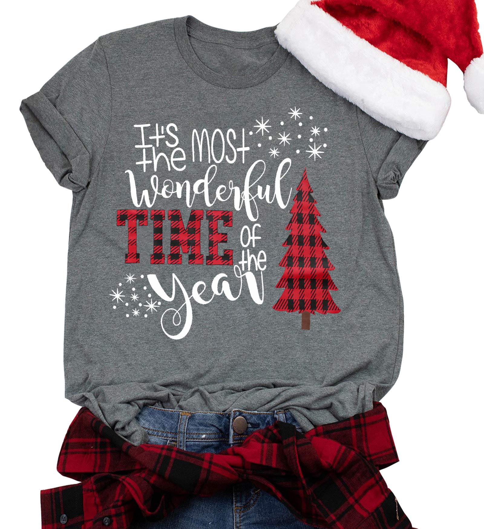 Merry Christmas Shirts for Women Xmas Buffalo Plaid Tree Shirt Top Short Sleeve Casual Graphic Print T Shirt Grey